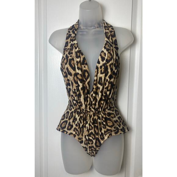 Unique Vintage | Swim | Unique Vintage Leopard Plunge Neck Onepiece ...